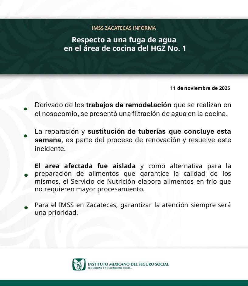 Controlan fuga de agua en cocina del IMSS Zacatecas | Salud | La ...